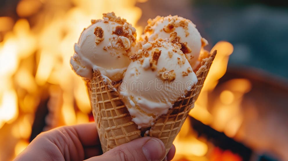 Toasted Marshmallow Ice Cream Over Campfire Stock Image - Image of ...