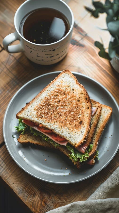 Toasted Sandwich with Ham, Lettuce and Tomato Served with Cup of Tea ...