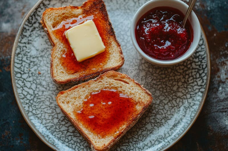 Toasted Sliced Bread with Butter and Strawberry Jam on a Plate Stock ...