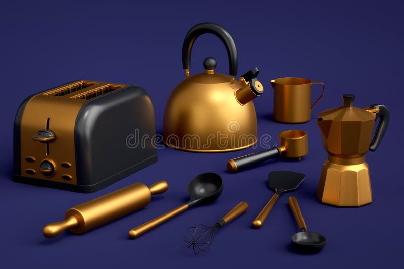 Toaster, Kettle with Kitchen Utensil for Preparation of Breakfast on ...