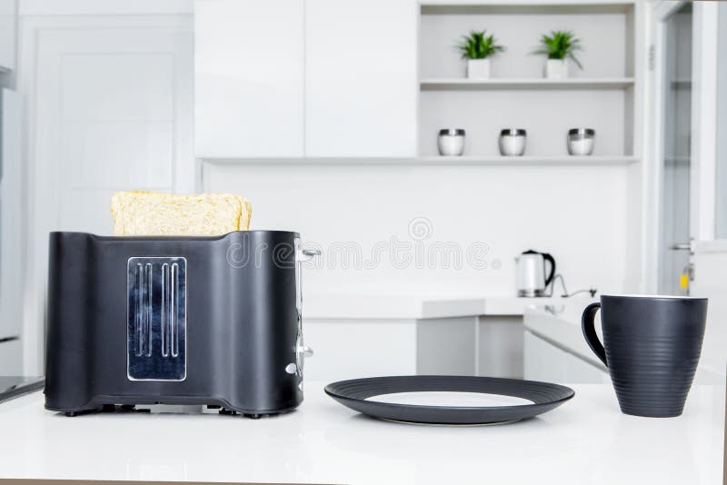 Toaster with Plate and Cup in the Kitchen Stock Image - Image of ...