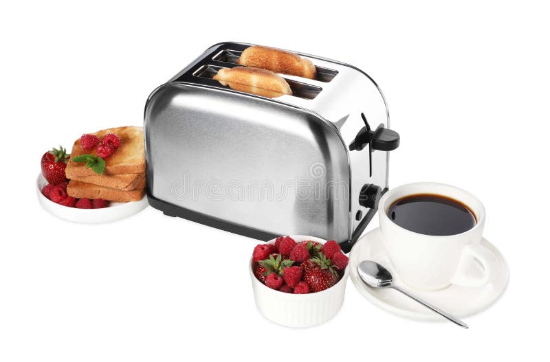 Toaster with Roasted Bread, Berries and Coffee on White Background ...