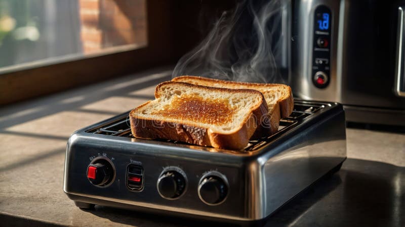 A Toaster with Two Slices of Browned Bread, Emitting Steam in a Kitchen ...