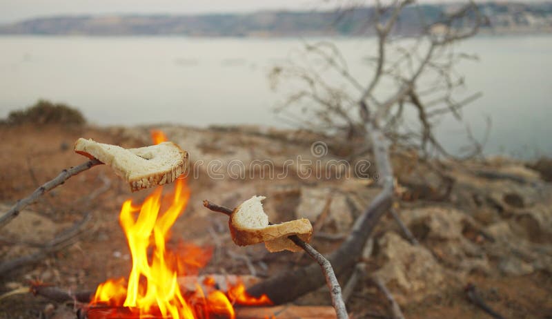Toasting the Bread Above the Fire with a View Stock Photo - Image of ...