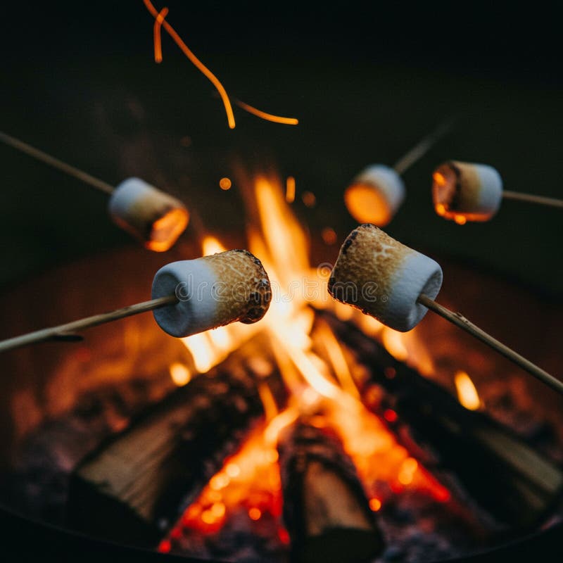 Toasting Marshmallows Over a Campfire Using Wooden Sticks. Stock Illustration - Illustration of ...