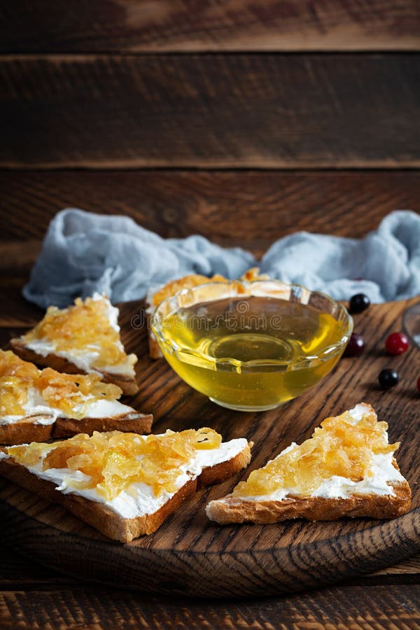 Toasts with Caramelized Onions and Honey. Roasted Bread Snack Stock ...