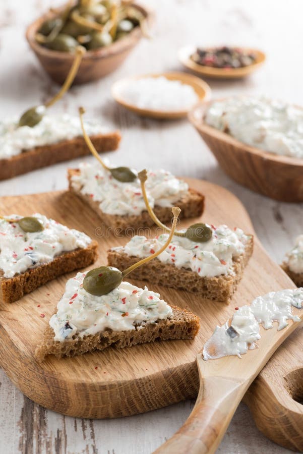 Toasts with Cheese Pate and Capers Stock Image - Image of meal, canapes ...