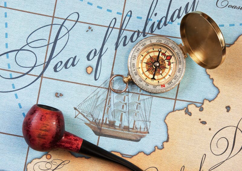 Tobacco Pipe and Compass on Map Stock Image - Image of cartographer ...