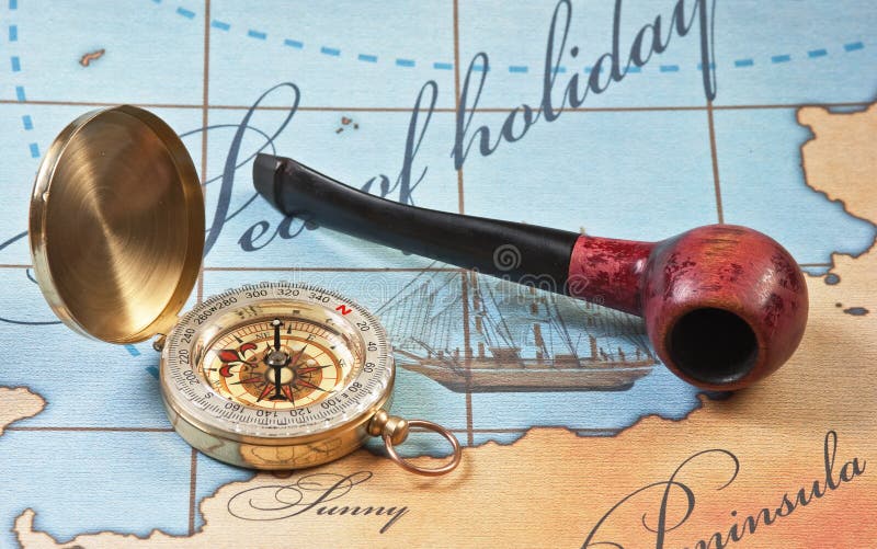 Tobacco Pipe and Compass on Map Stock Photo - Image of equipment ...