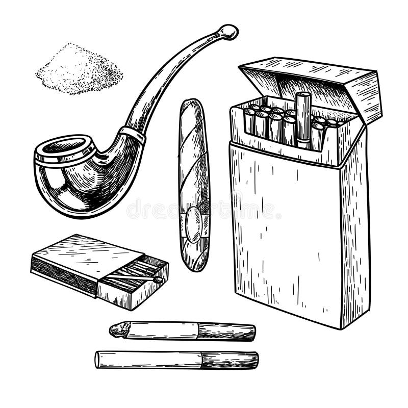 Tobbaco Smoking Vector Drawing Set. Cigarette Pack, Cigar, Matches Box ...