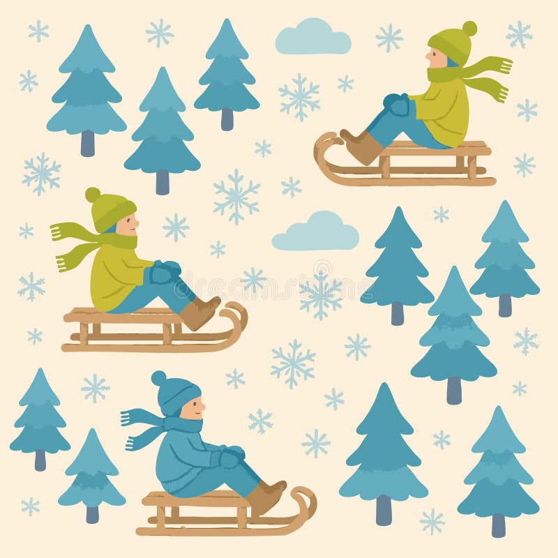 Tobogganing Sledding Winter Fun Print Design in Vector Stock ...