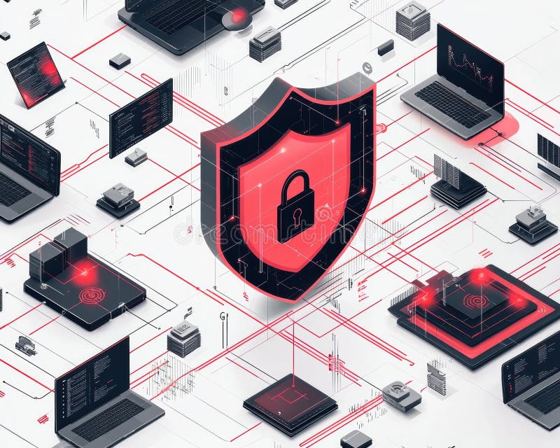 Strengthening Cybersecurity with a Red Shield Surrounded by Computers for Maximum Data ...
