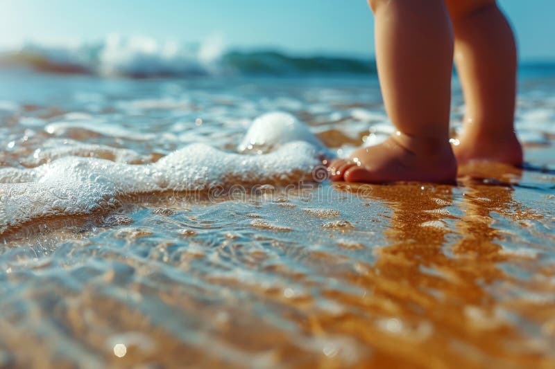 Toddler Baby Foot Doing His First Steps on the Beach Sand , Generative ...