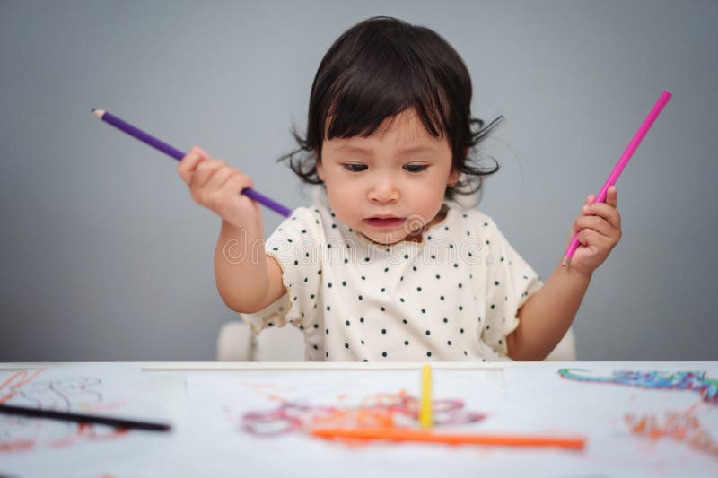 Toddler Baby Playing and Training To Drawing with Colored Pencil on ...