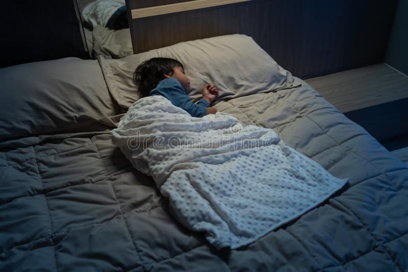 Toddler Baby Sleeping on Bed at Night Stock Photo - Image of blanket ...