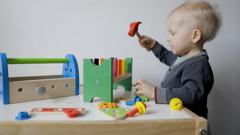 Toddler Boy Playing with Toy Tool Box Stock Video - Video of hammer ...
