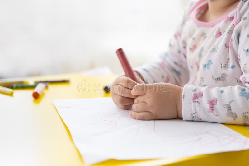 Toddler Girl Drawing with Crayons on Paper Stock Photo - Image of ...