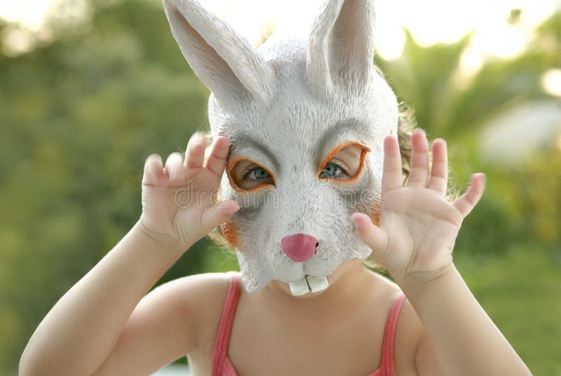 Toddler Girl with Rabbit White Mask Stock Photo - Image of face, child ...