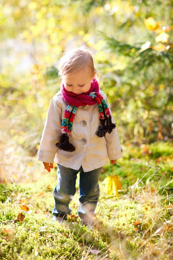 Toddler Girl Walking at Autumn Forest Stock Photo - Image of body ...