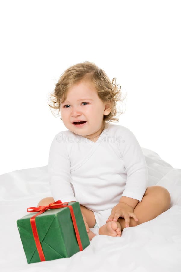 Crying Toddler Girl with Wrapped Present Stock Photo - Image of ...