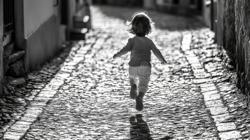 Toddler Joyfully Running Down Cobblestone Street Stock Illustration ...