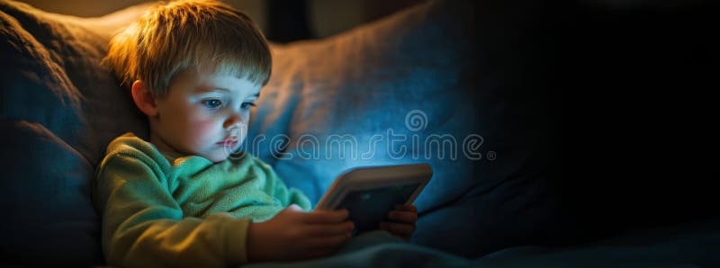 Young Child Using Tablet Computer in Dark Room Stock Photo - Image of ...