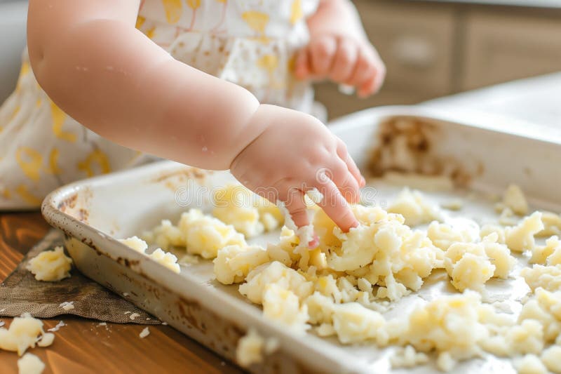 Toddler Playing with Leftover Mashed Potatoes on Tray Stock Image ...