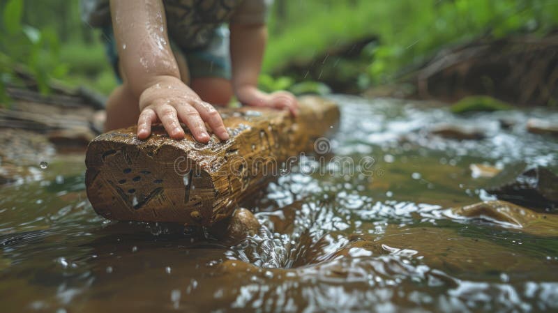 A Toddler Playing with a Log in Water Stock Image - Image of ...