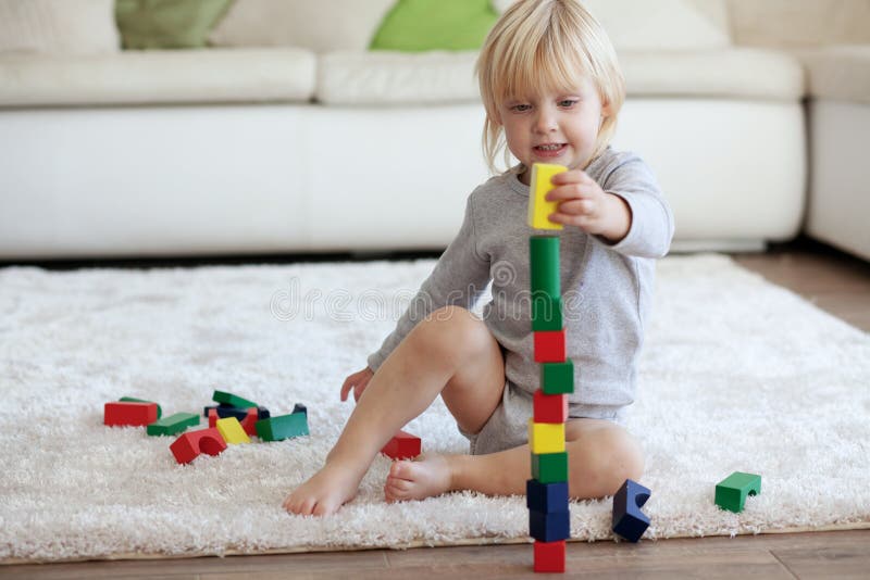 Toddler Playing with Wooden Blocks Stock Photo - Image of european ...