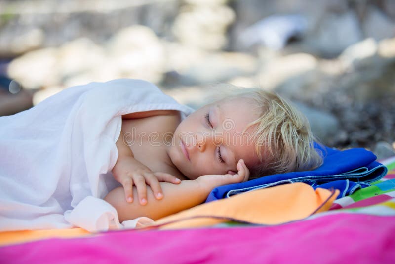 Toddler Sleeping on the Beach, Summer Relax Stock Image - Image of ...