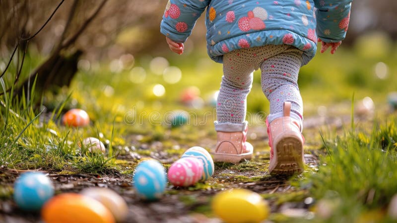 Toddler Steps among Colorful Eggs during Easter Hunt Stock Illustration ...