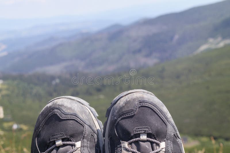 .toe Tips of Hiking Boots Against Mountain Background Stock Image ...