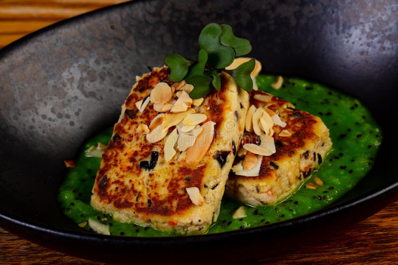 Tofu cutlet with sauce stock image. Image of green, cutlets - 129295765