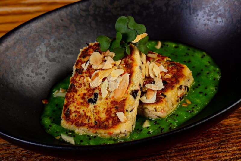 Tofu cutlet with sauce stock photo. Image of home, green - 130171334