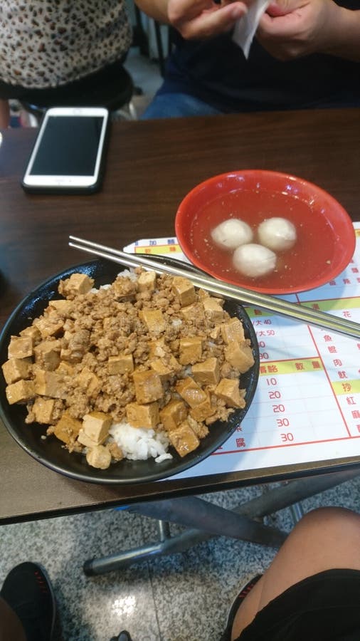 Tofu and Minced Pork with Rice and Fish Soup Stock Photo - Image of ...