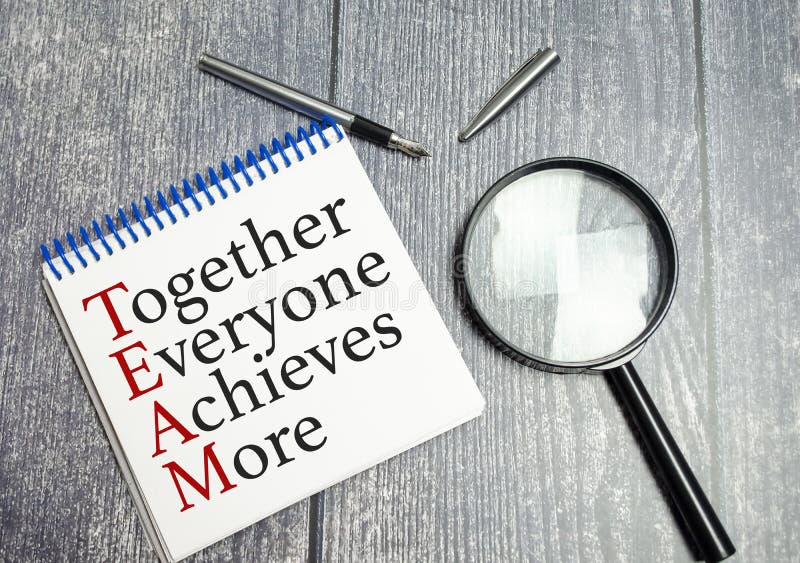 Together Everyone Achieves More Words, Pen and Magnifying Glass Stock ...