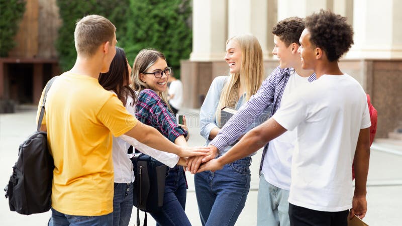 Togetherness, Unity Concept. Students Putting Their Hands Together ...