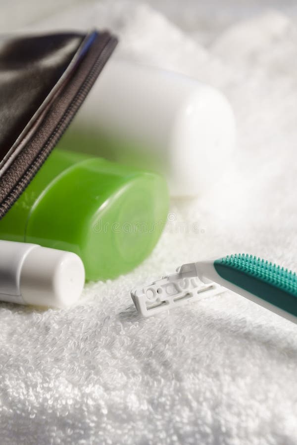 Toilet Bag with Set of Cosmetics and Razor Stock Photo - Image of sharp ...