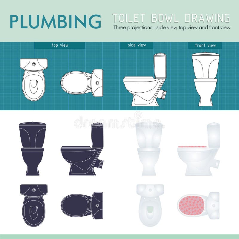 Toilet Bowl and Faucet Outline. Front, Side and Top View Stock Vector ...