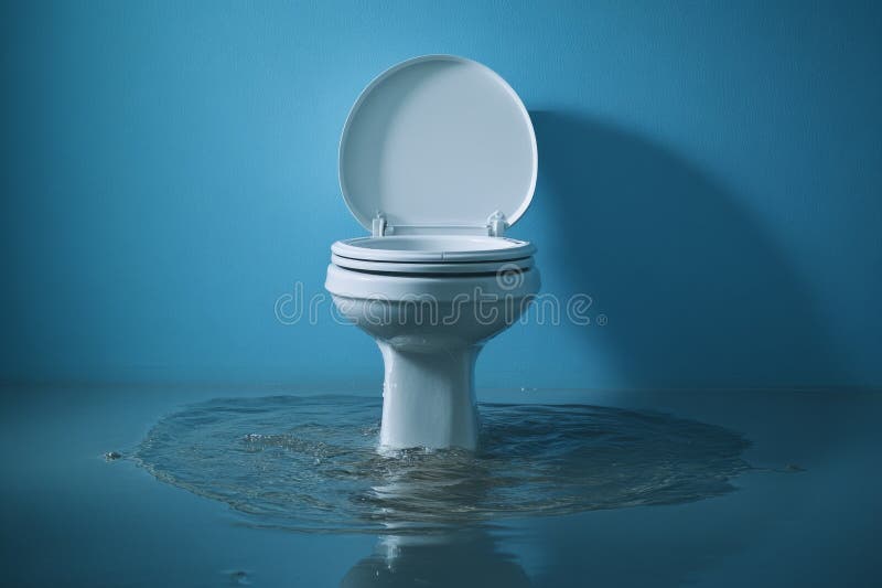 Toilet Overflowing Causing Water Damage in Bathroom with Blue Walls ...