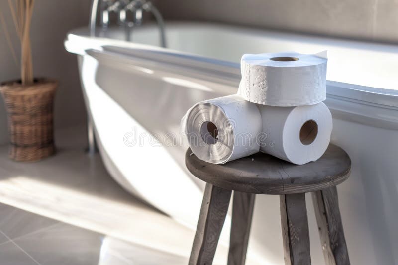 Toilet Paper Stack on Stool Next To Bathtub Stock Image - Image of ...