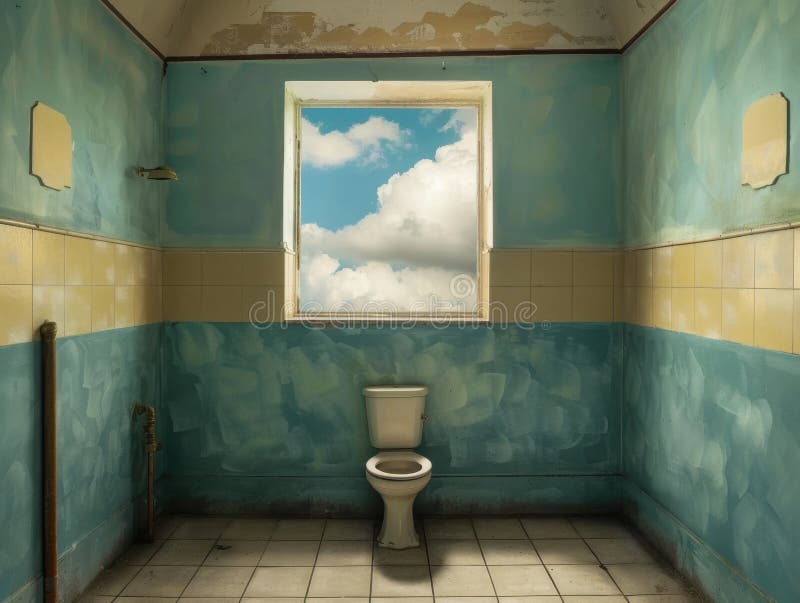 Toilet in Poor Condition, Window with Clouds. AI Generated Stock Image ...