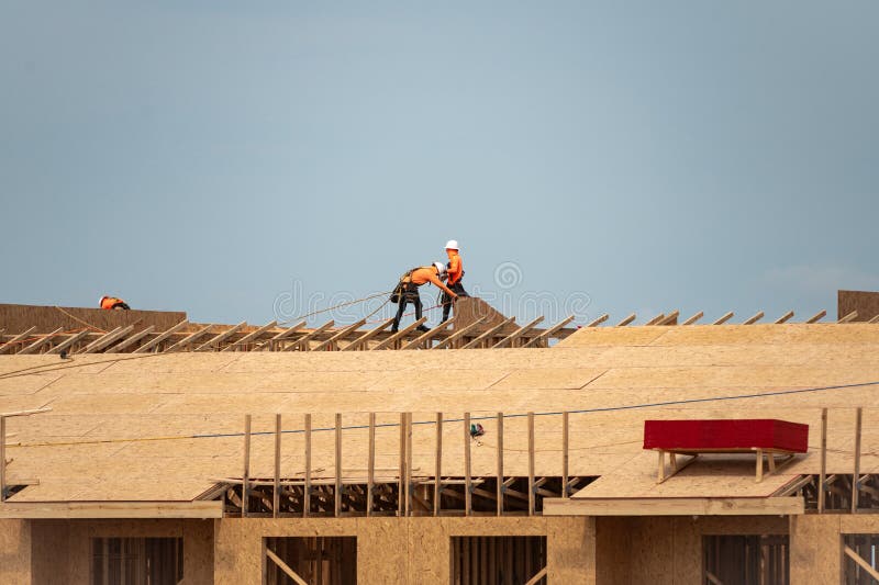 Toiture Du Constructeur De Toiture Sur La Structure Du Toit. Photo ...