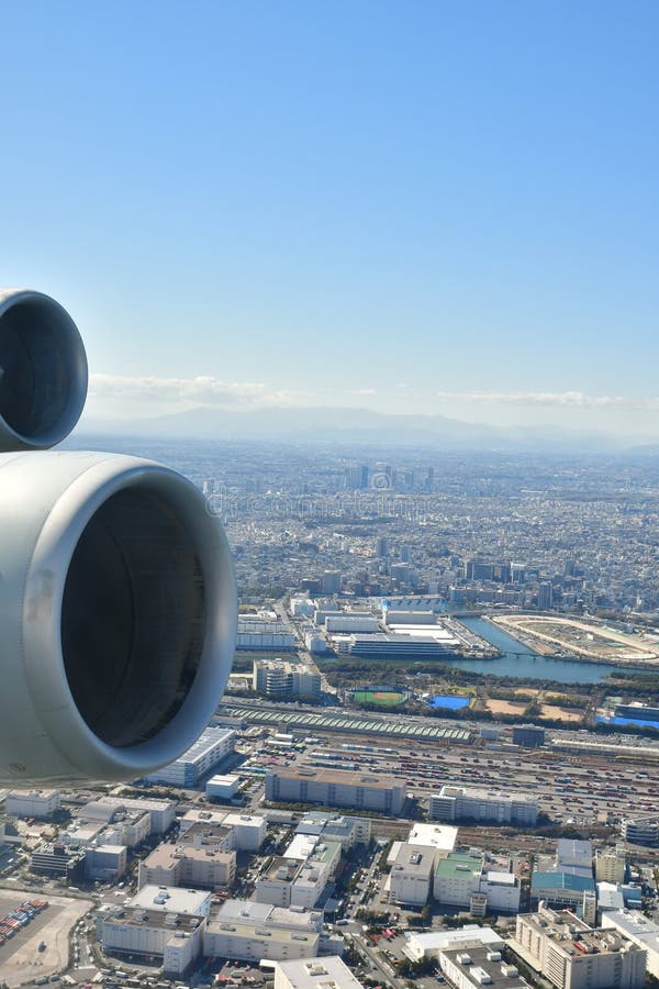 Tokyo Area from Airplane Window Jet Engine Wing Stock Photo - Image of ...