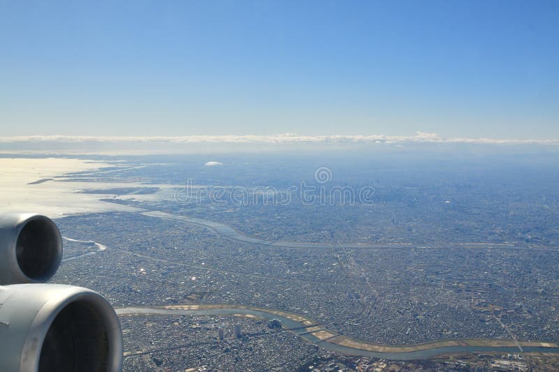 Tokyo Area from Airplane Window Jet Engine Wing Stock Image - Image of ...
