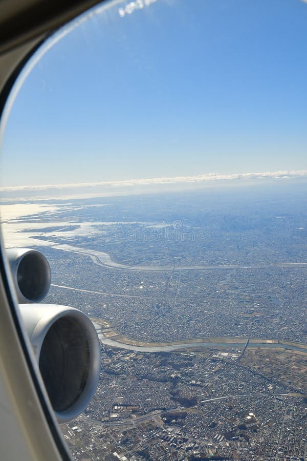 Tokyo Area from Airplane Window Jet Engine Wing Stock Photo - Image of ...