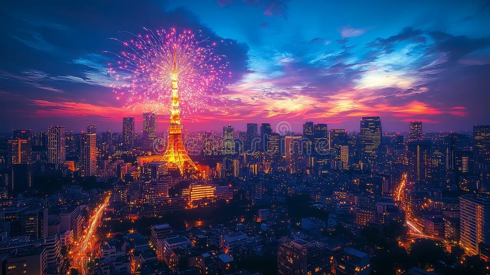 Tokyo Cityscape at Sunset with Fireworks Exploding Stock Illustration - Illustration of ...