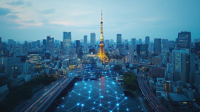 Tokyo Cityscape at Twilight with Digital Network Overlay Stock Photo ...