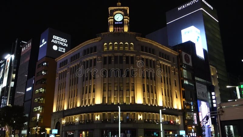 Night View of the Gorgeous Clock Tower in the Gorgeous City of Ginza ...