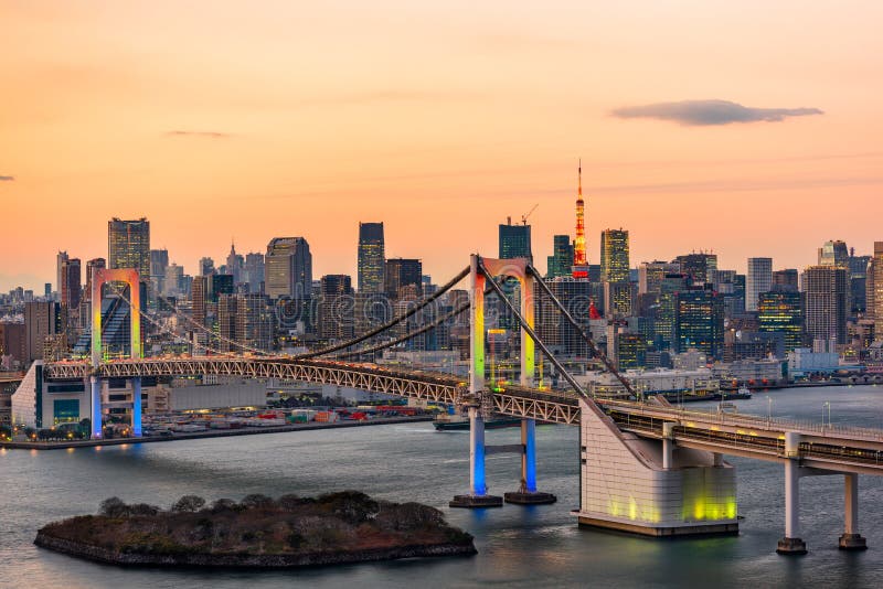 Tokyo, Japan Skyline Panorama with Rainbow Bridge and Tokyo Tower Stock ...